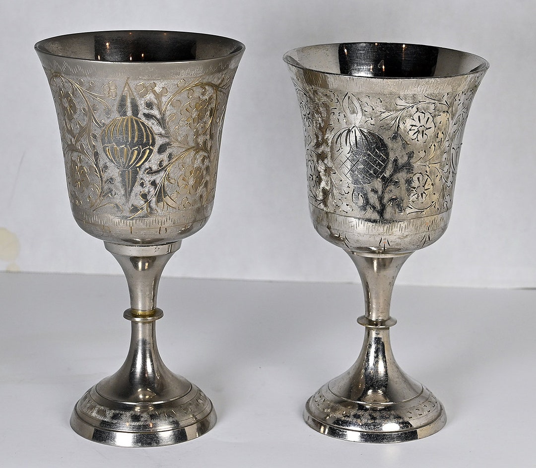 Two Stemmed World Gift ZY India Silver Plated Brass Hand Etched Wine ...