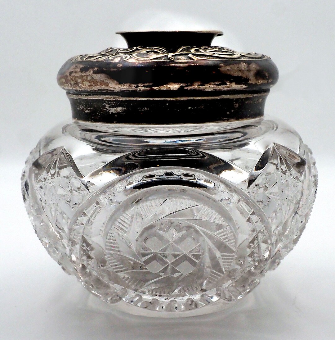 Antique Victorian Style Cut Crystal Hair Receiver/ Vanity Jar With Open ...