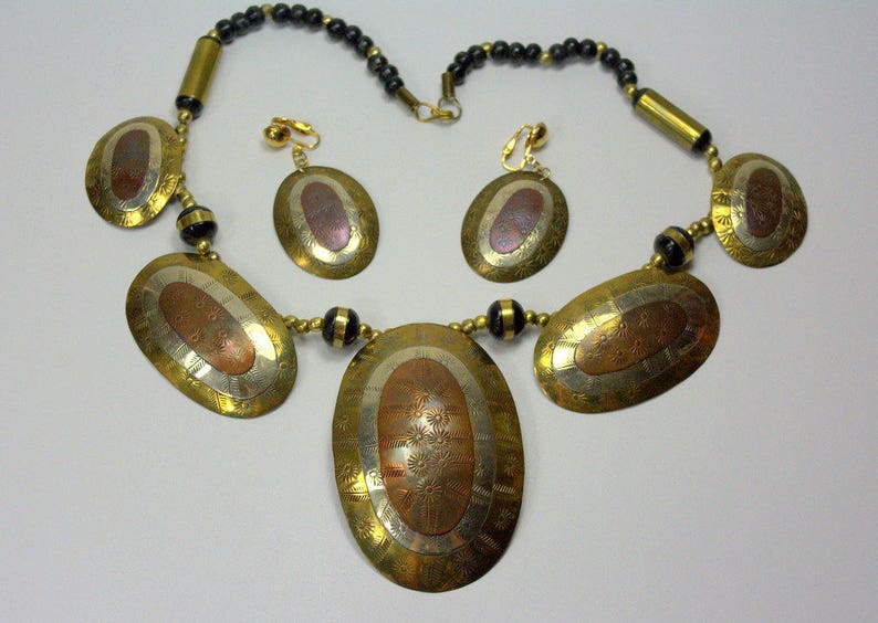 Vintage Mixed Metals Silver Copper Brass Etched Black Bone Bib - Etsy