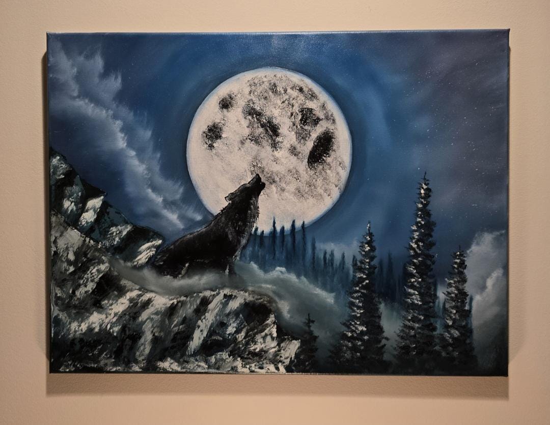 Wolf Oil Painting - Stunning 18x24 Art of Lone Wolf at Moonlight ...