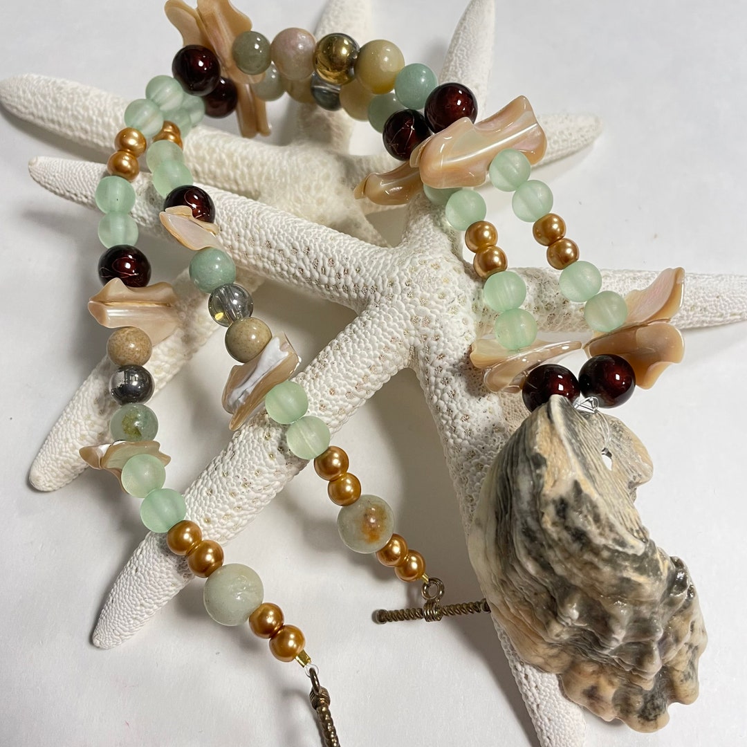Real Shell Necklace With Beads, Mother of Pearl Shards, Real Oyster ...