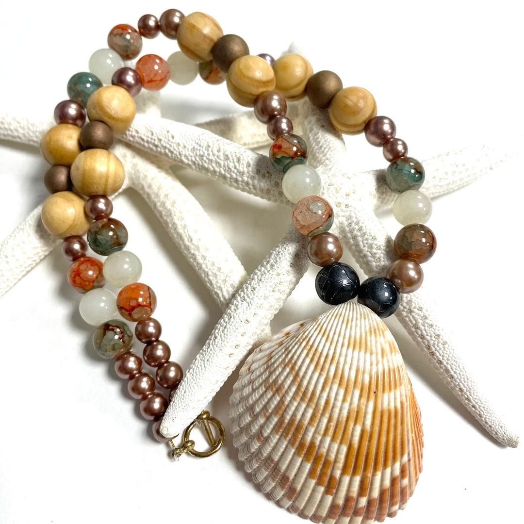 Real Seashell Necklace With Beads Cockle Shell Pendant - Etsy