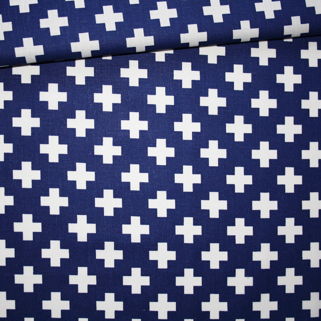White Cross Fabric on a Navy Blue Background in Oeko Tex Printed Cotton ...