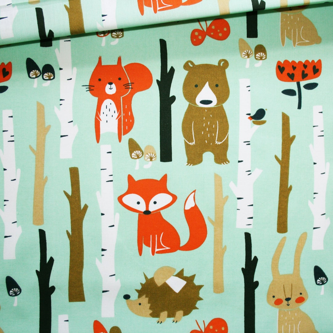 Forest Animals Fabric on Mint Green Background in Printed Cotton ...