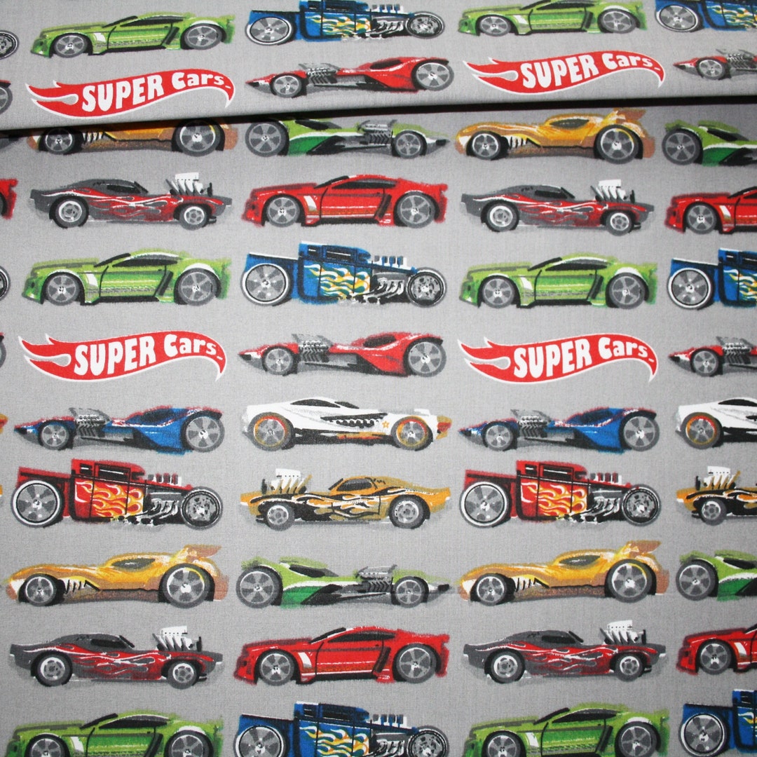 Colorful Racing Car Fabric in Cotton Printed Oeko Tex Gray Background ...