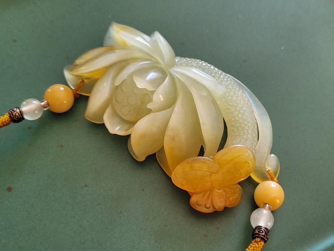 3D Hand Carved Paillon Lotus Flower Pendant, Natural China Xiu Jade ...