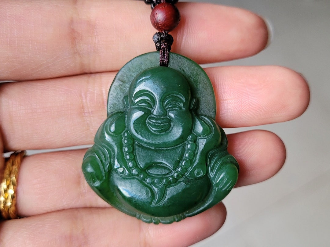 Milefo Laughing Buddha Pendant in Natural Green Jade 38 Mm, Chinese ...