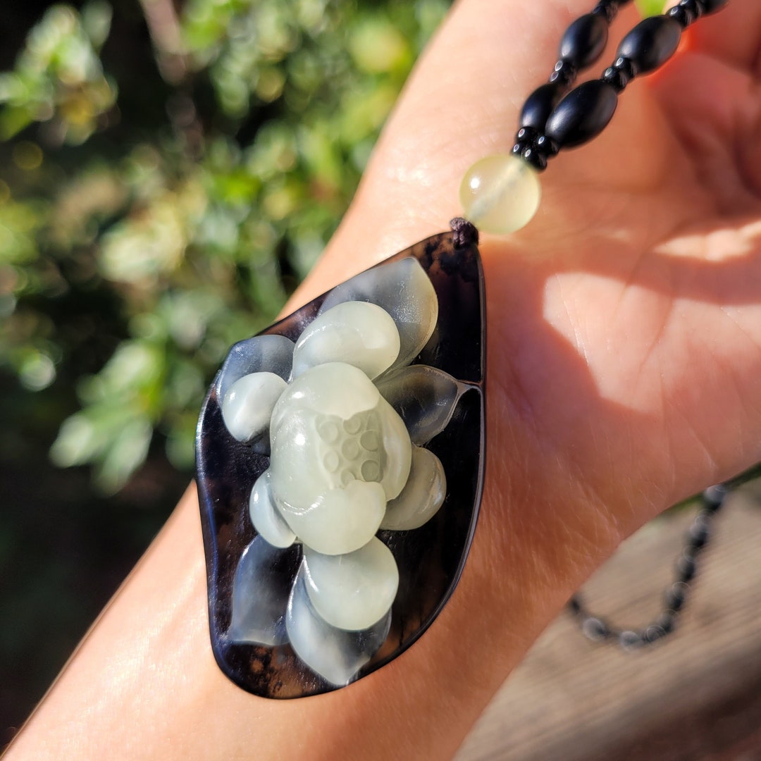 3D Hand Carved Lotus Flower Pendant, Natural Xiu Jade From China, Black ...