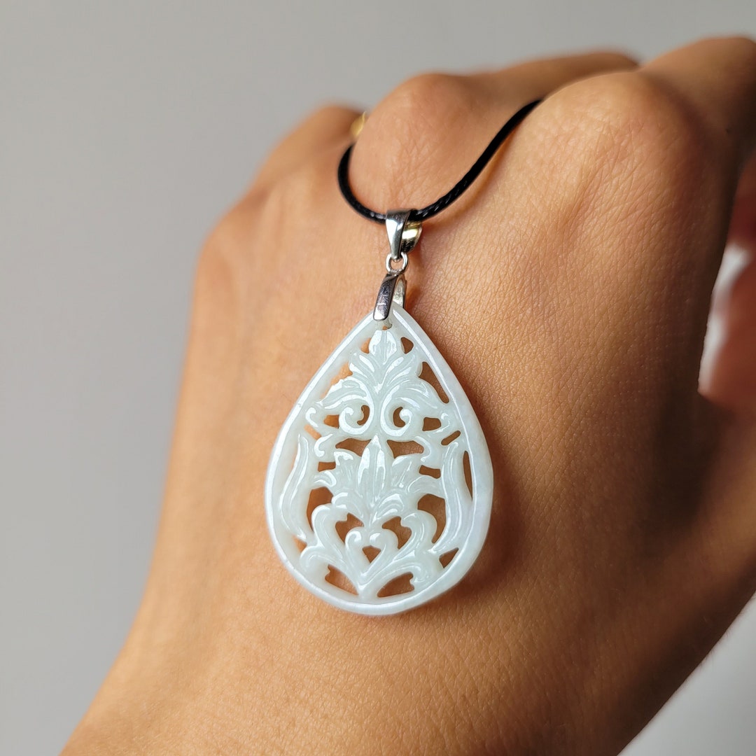 Natural Grade A Myanmar Jadeite Carved Flower Filigree Pendant ...