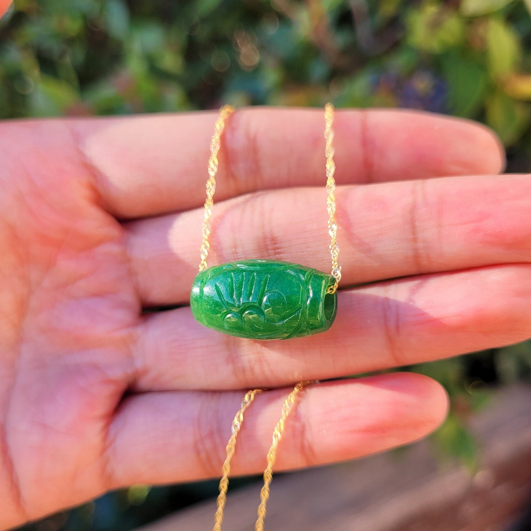 20mm Imperial Jade Barrel Pendant, Dyed Green Jade, Carved Chinese Ruyi ...