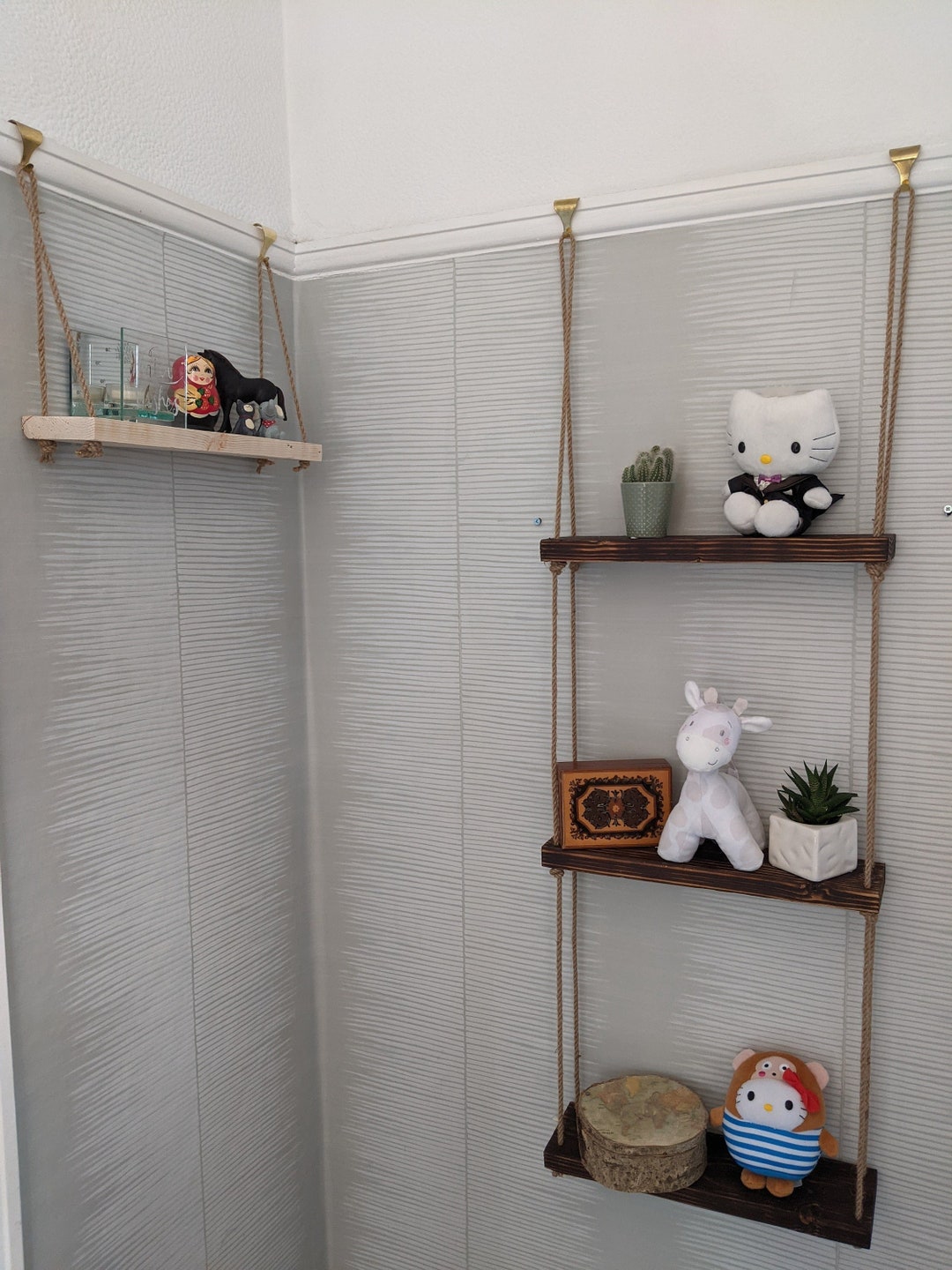 Rustic Ladder Shelf | Wooden Hanging Shelf Rope Hanging Plant Shelf ...
