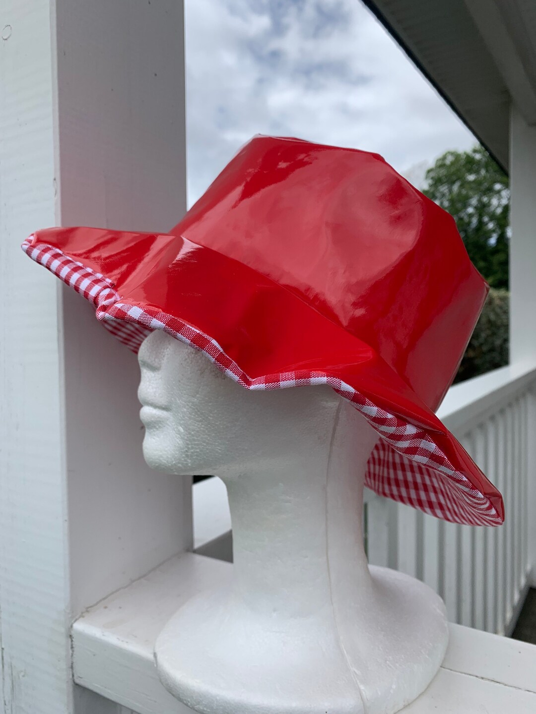Red Vinyl Rain Hat Lined With Gingham Elegant & Waterproof Gift Idea ...