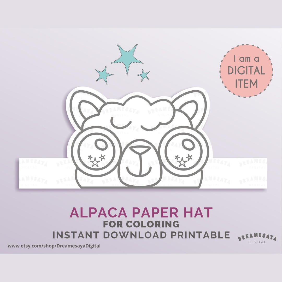 Alpaca Coloring Page PDF Printable Cute Animal Paper Crown Craft JPG ...