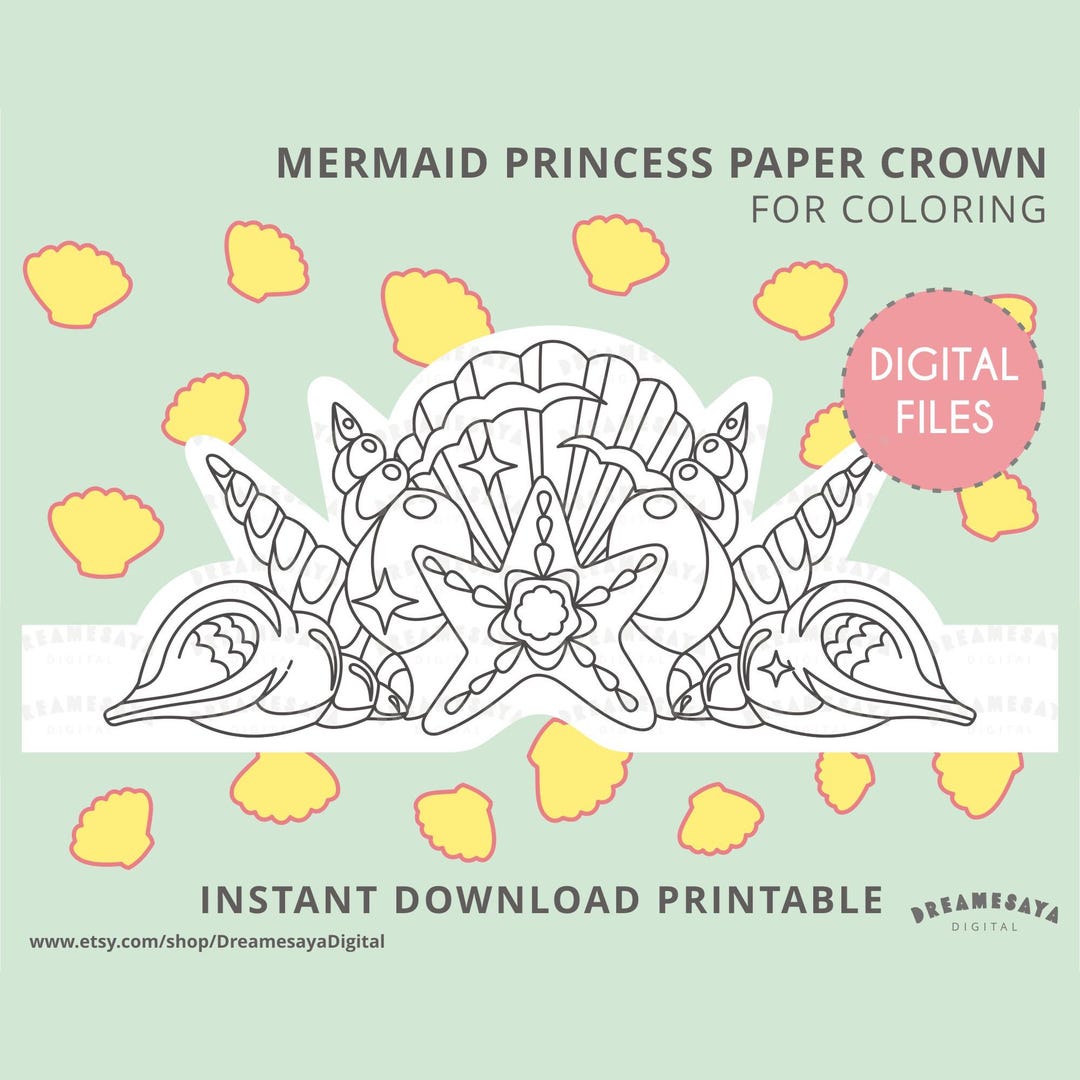 Mermaid Coloring PDF Paper Crown Printable Girls Birthday Sea Princess ...