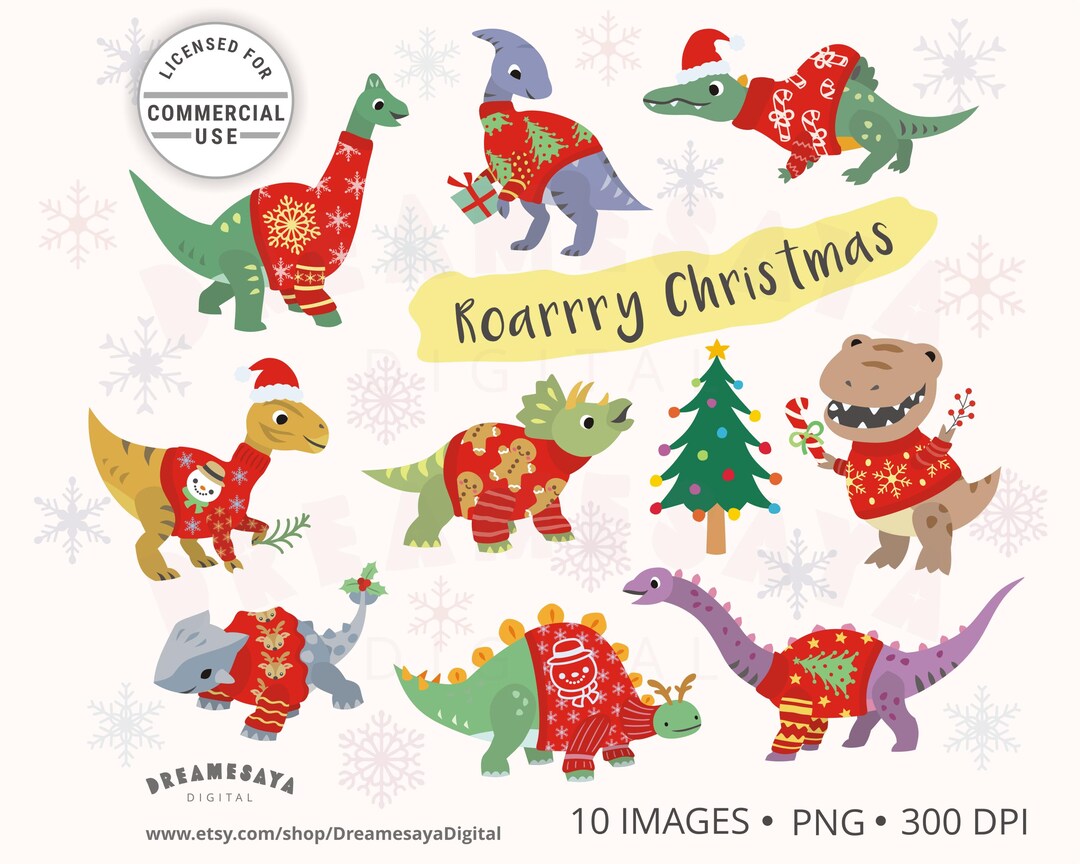 Christmas Dinosaurs Clipart Set Whimsical Dinos in Festive Sweaters PNG ...