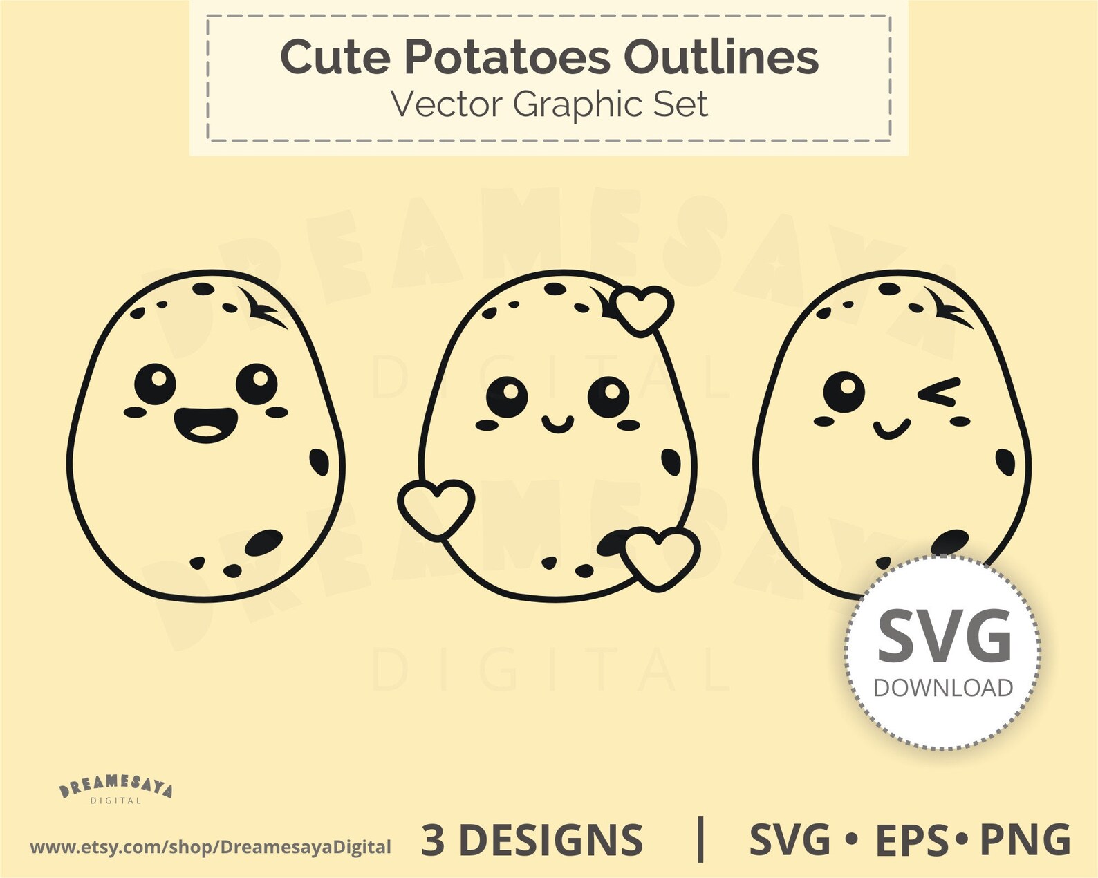Potato outlines svg cutting files Kawaii potatoes line art | Etsy