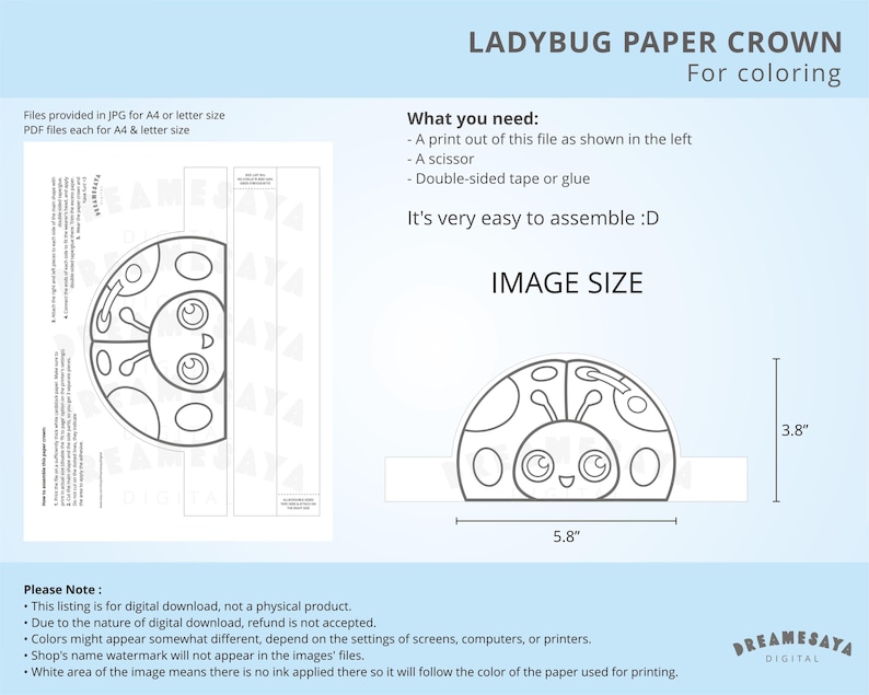 Ladybug Coloring PDF Printable Paper Crown DIY Ladybird Headpiece Kids ...
