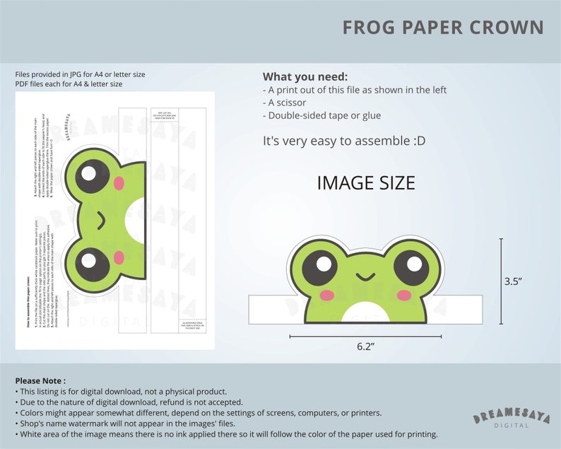 Frog Paper Crown PDF Printable Kawaii Cute Animal Party Headpiece JPG ...