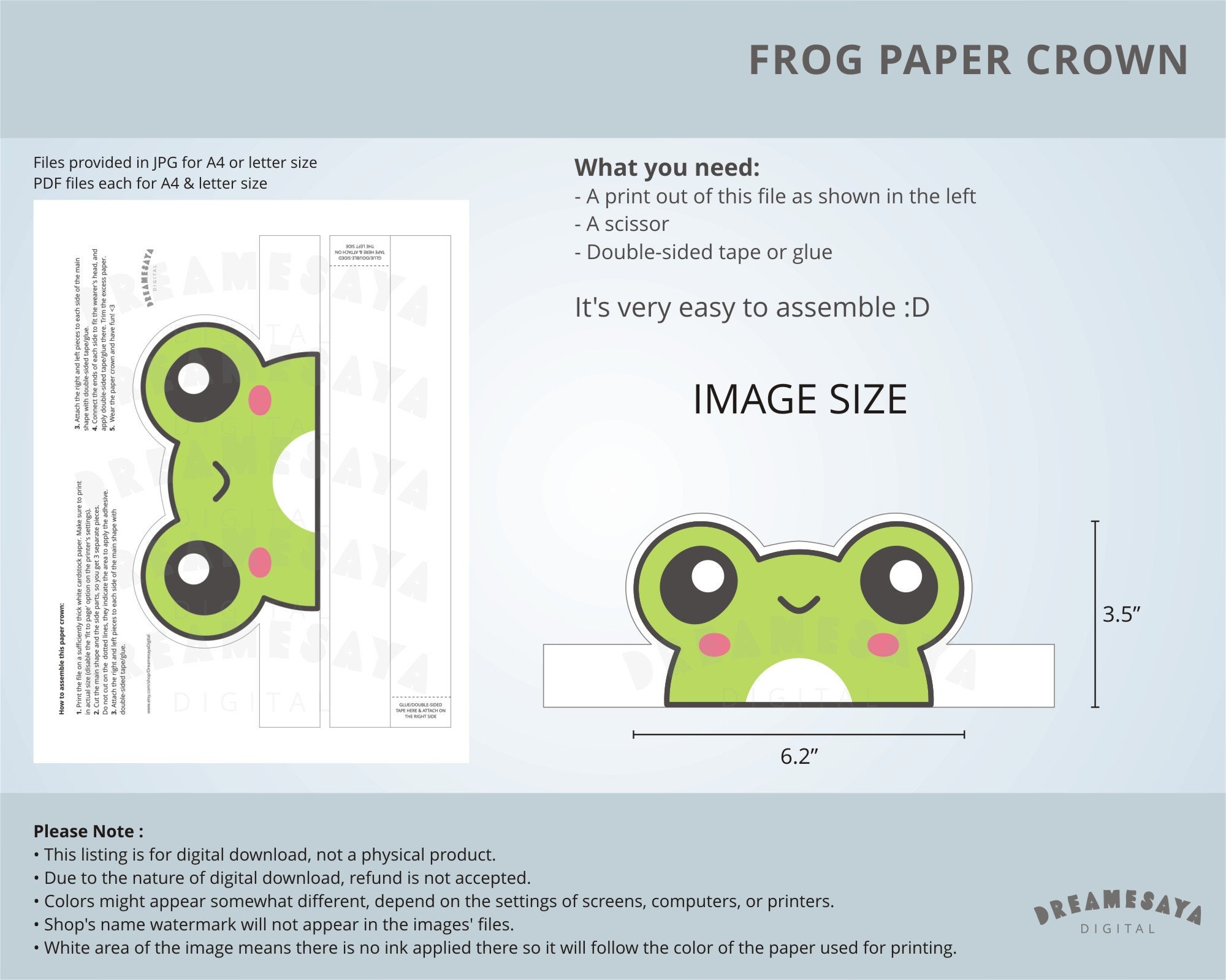 Frog Paper Crown PDF Printable Kawaii Cute Animal Party Headpiece JPG ...