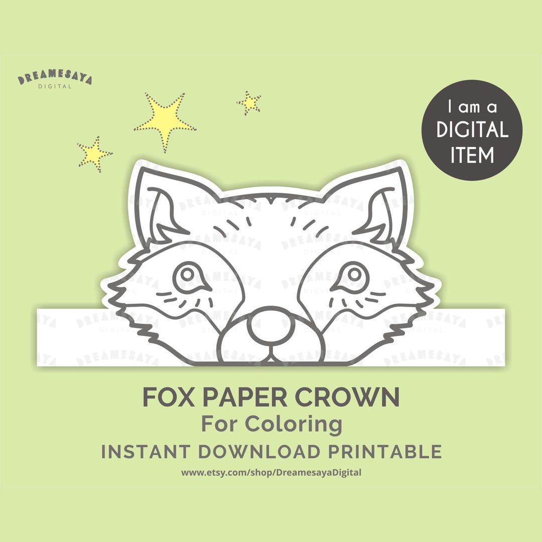 Fox Paper Crown Coloring Page Printable JPG Woodland Animal Head ...
