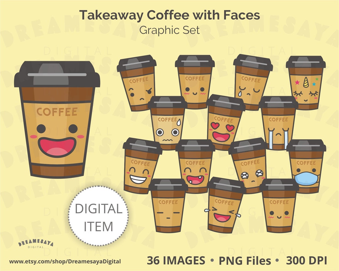 Takeaway Coffee Clipart Cute Cartoon Coffee Cups With Faces - Etsy