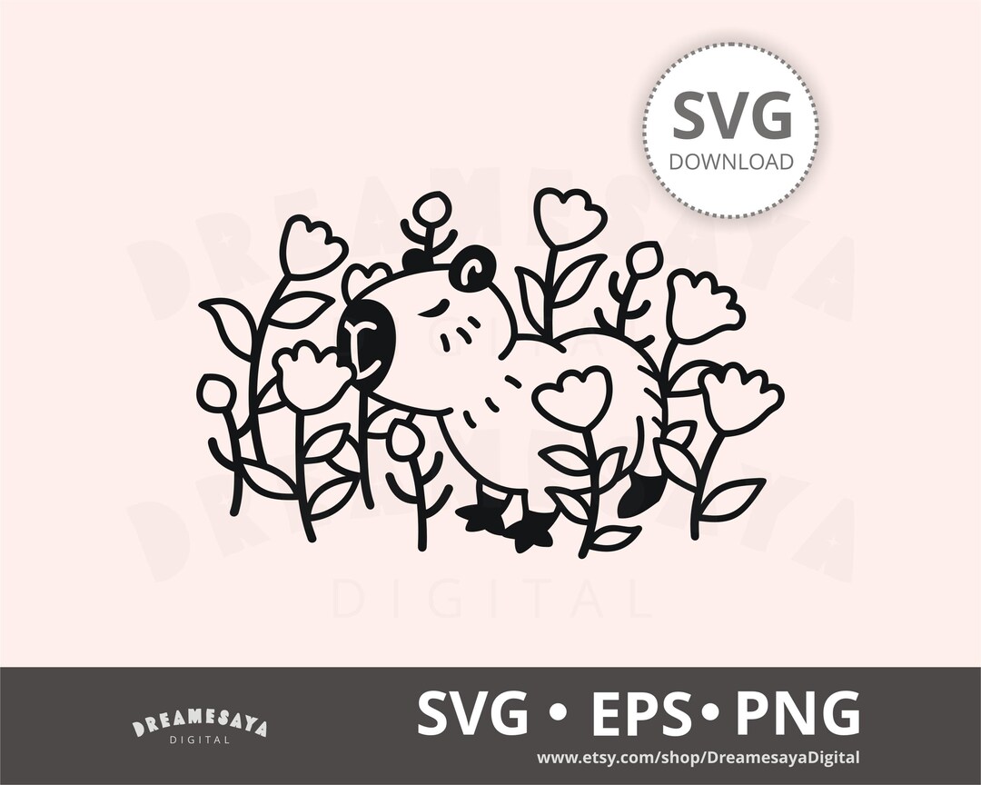 Capybara Flowers SVG Whimsical Kawaii Animal Floral Outline Cutting ...