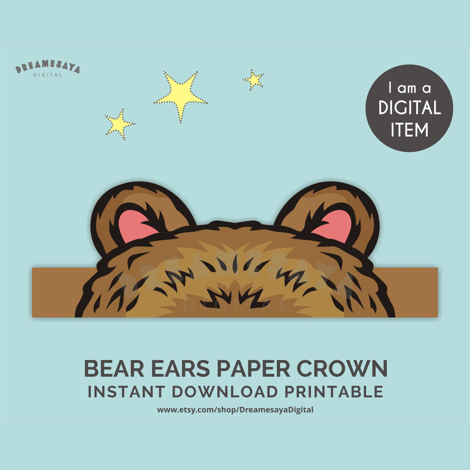 Bear Ears Paper Crown Printable Party Headpiece PDF & JPG Digital ...