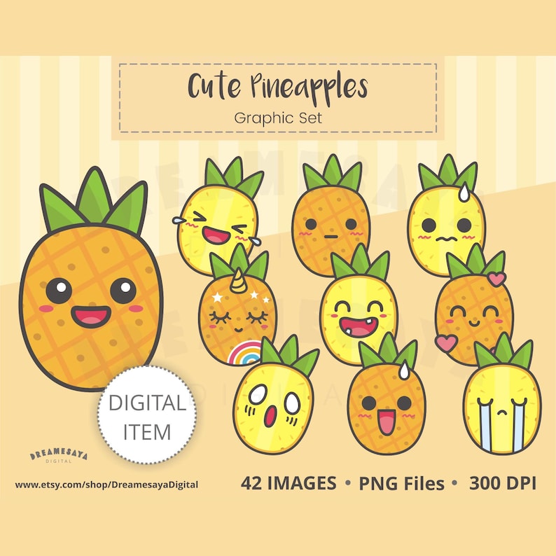 Cartoon Pineapples Clip Art Kawaii Tropical Fruit Mood PNG Images for ...