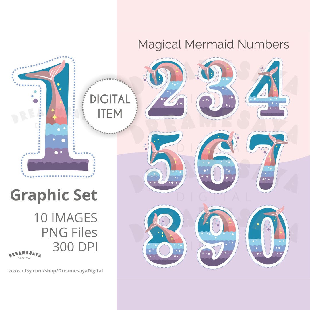 Whimsical Number PNG Clip Art Set of Pretty Mermaid Tail Numbers Images ...