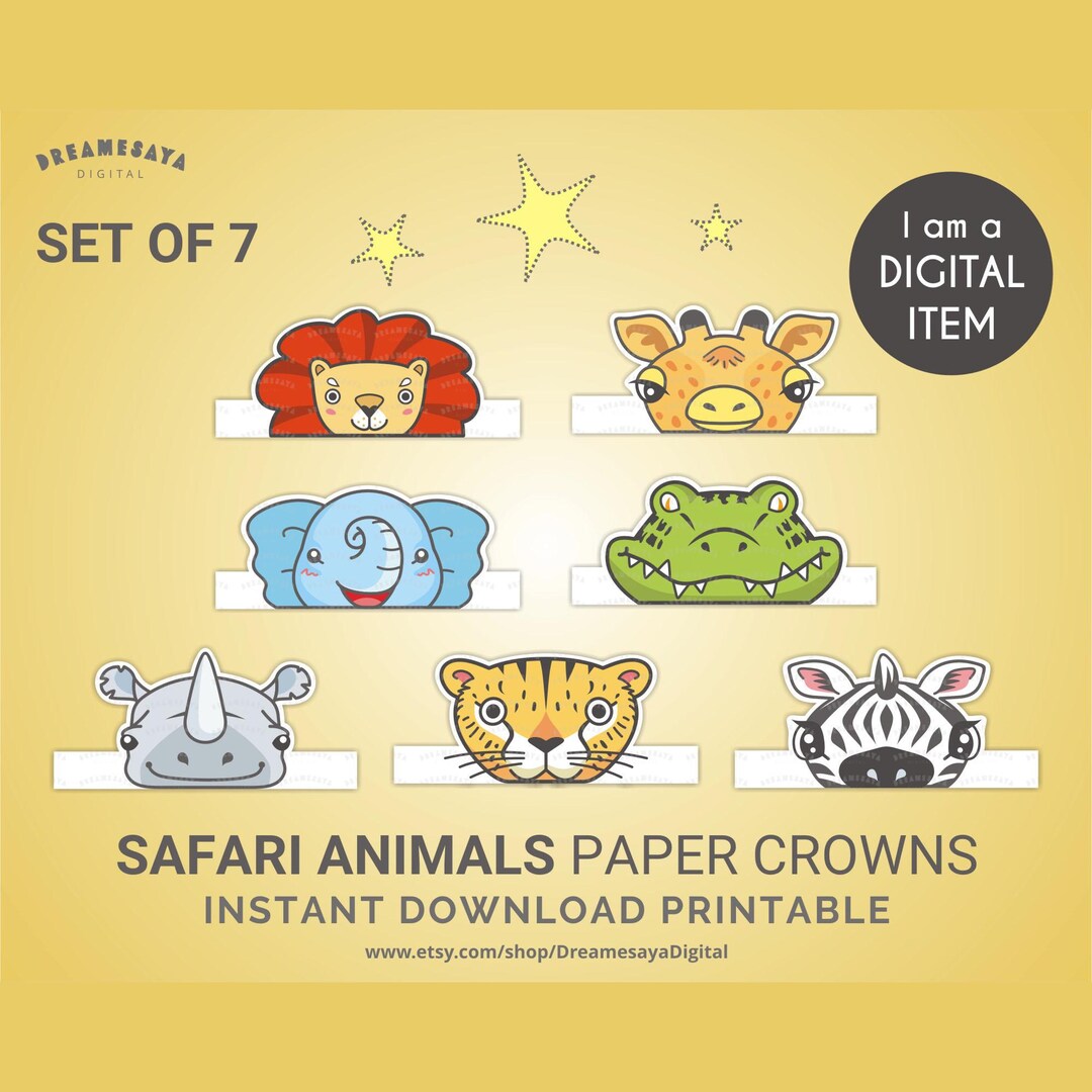 Safari Paper Crowns Bundle of Cartoon Wild Animals Party Hat DIY Craft ...