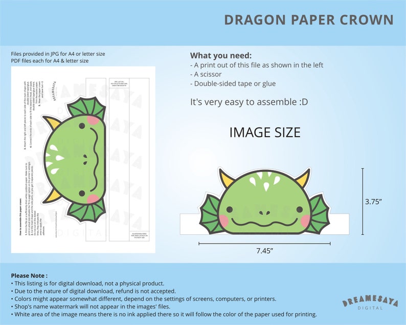 Cartoon Dragon PDF Printable Paper Crown Craft and Kids Party Supply ...