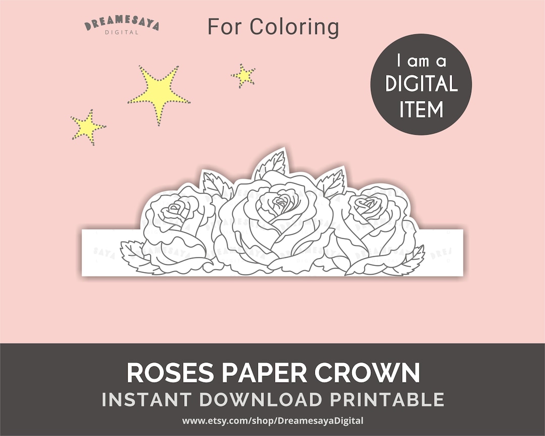 Roses Coloring PDF Printable Flower Paper Crown Girl Party Hat JPG ...