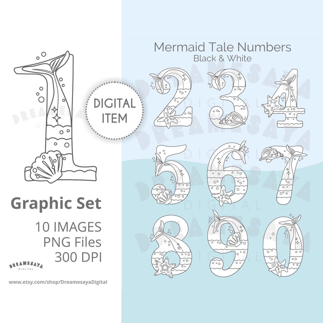 Mermaid Coloring PNG Printable Whimsical Tail Numbers Outline Images ...