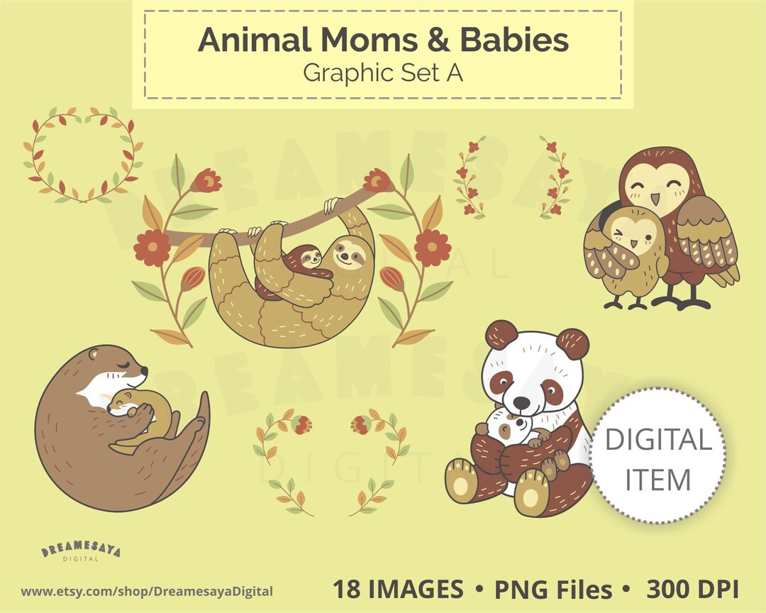 Animal Moms PNG Clip Art Set of Mothers and Babies Illustrations for ...
