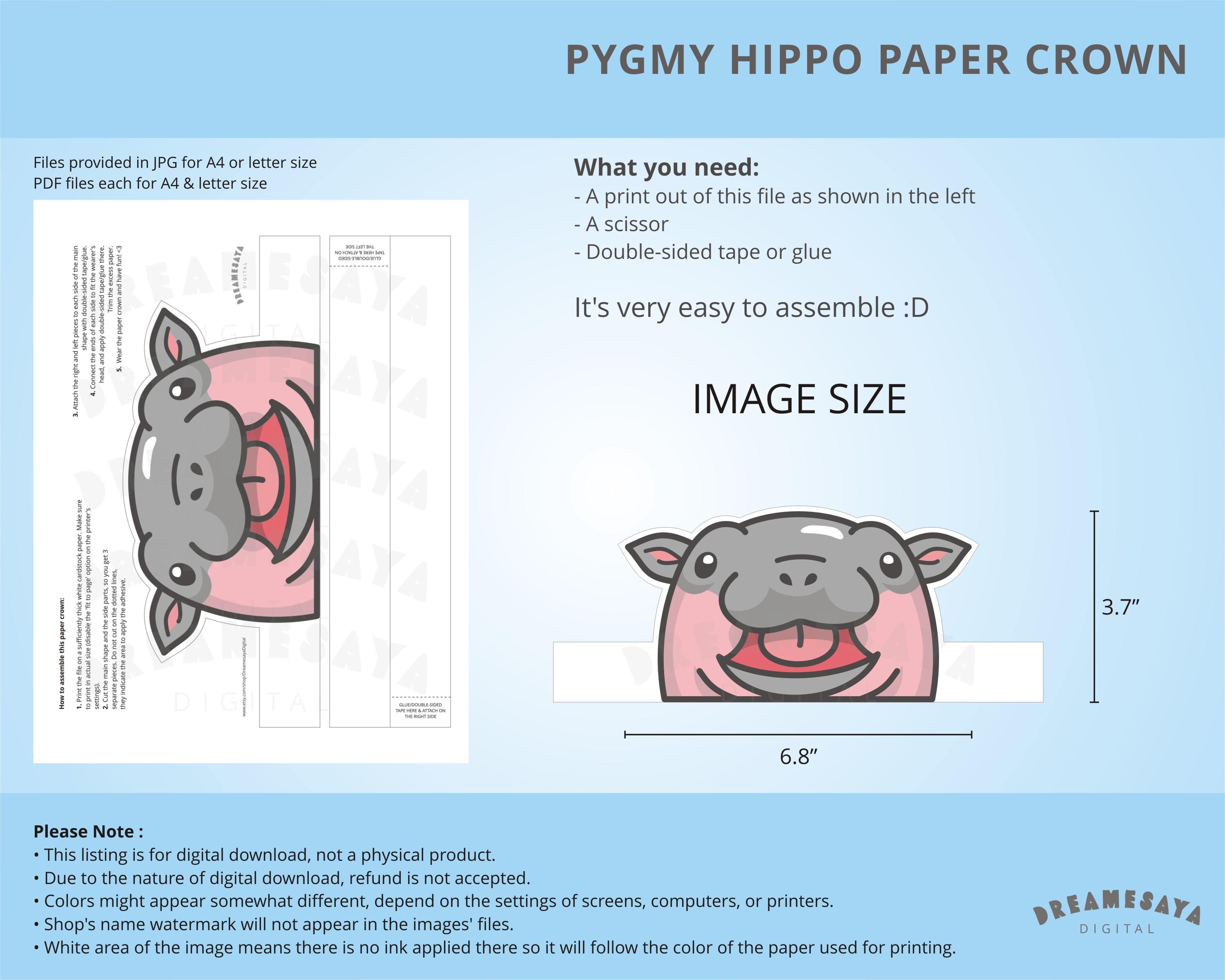 Pygmy Hippo PDF Paper Crown Printable Cute Baby Hippopotamus Head JPG ...
