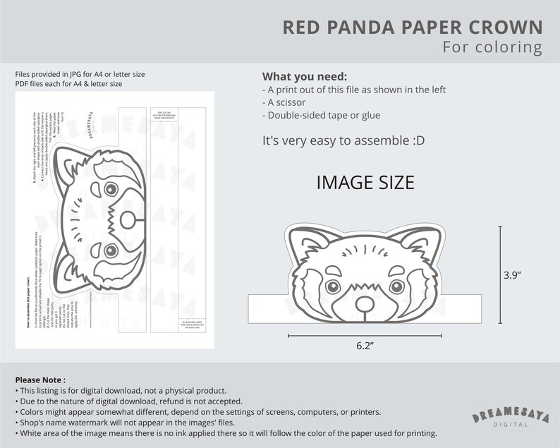 Red Panda Coloring Paper Crown Printable Cute Animal Face to | Etsy