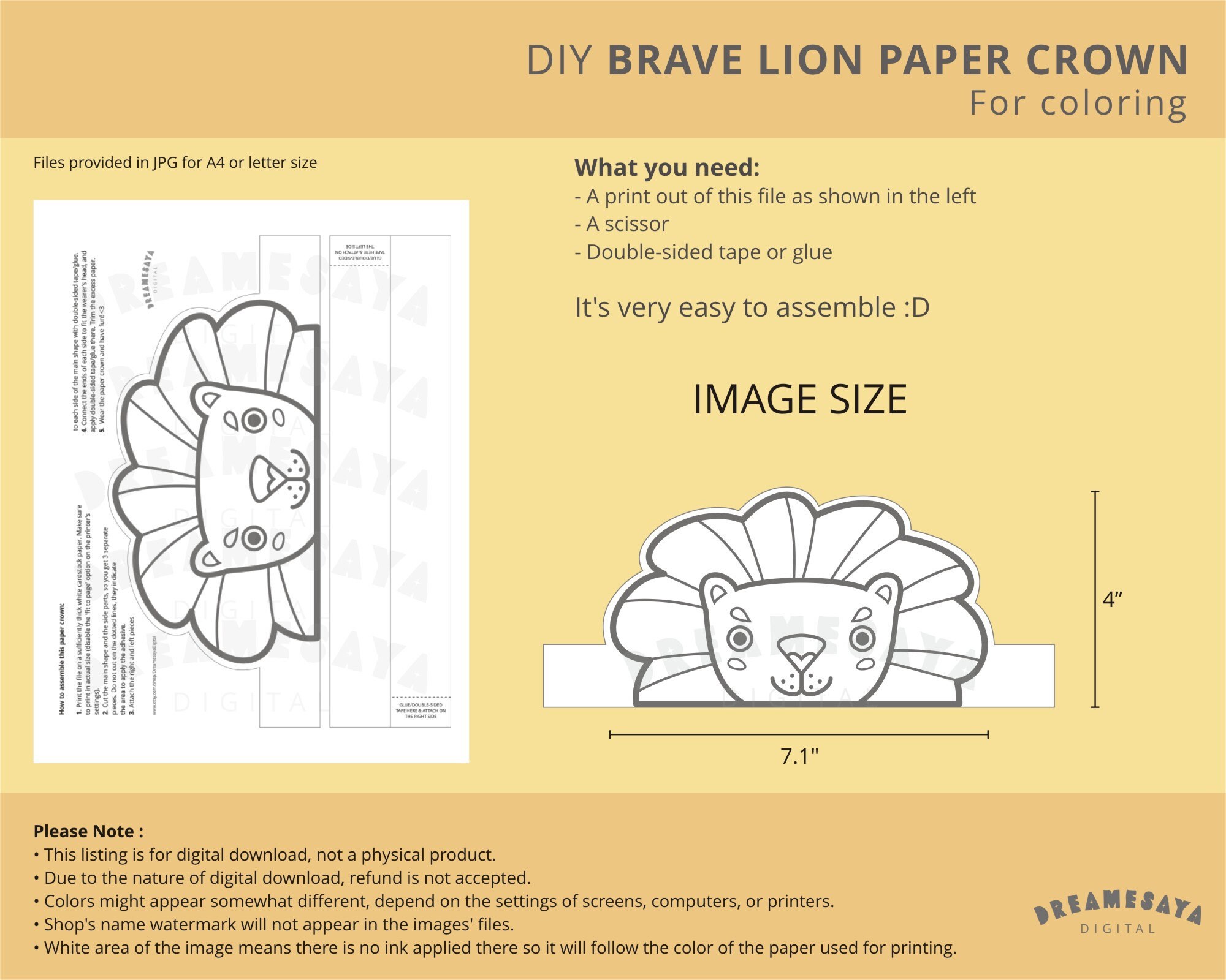 Lion Coloring Page Printable Lion Paper Crown to Color DIY - Etsy