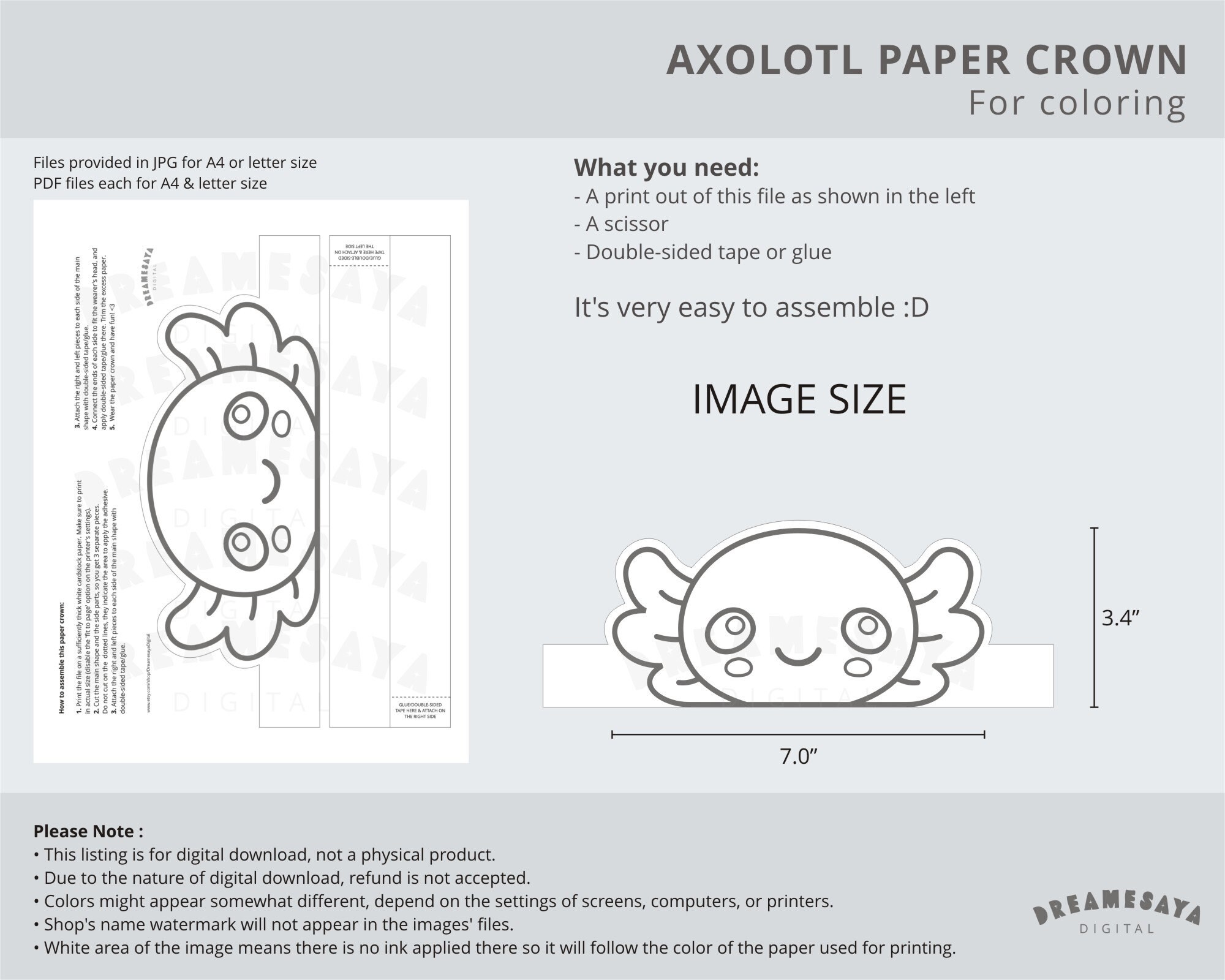 Axolotl Coloring PDF Printable Party Hat Adorable Reptile Head Template ...