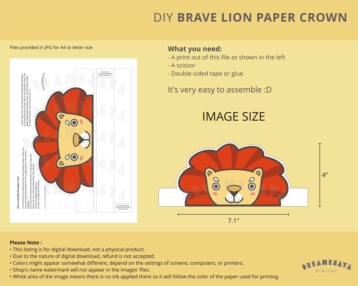 Printable Lion Paper Crown DIY Cute Lion Party Hat Instant | Etsy