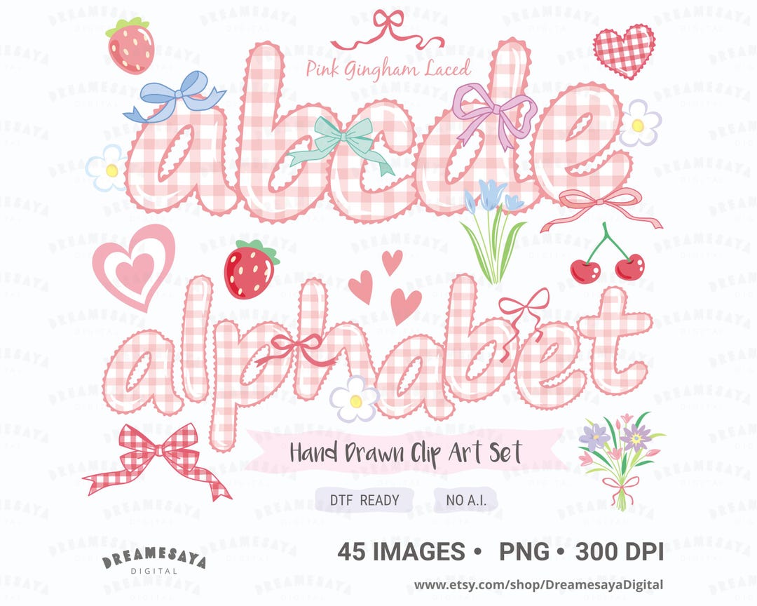 Pink Gingham Alphabet Clipart Bundle Berry Sweet Cherry Bows Rustic ...