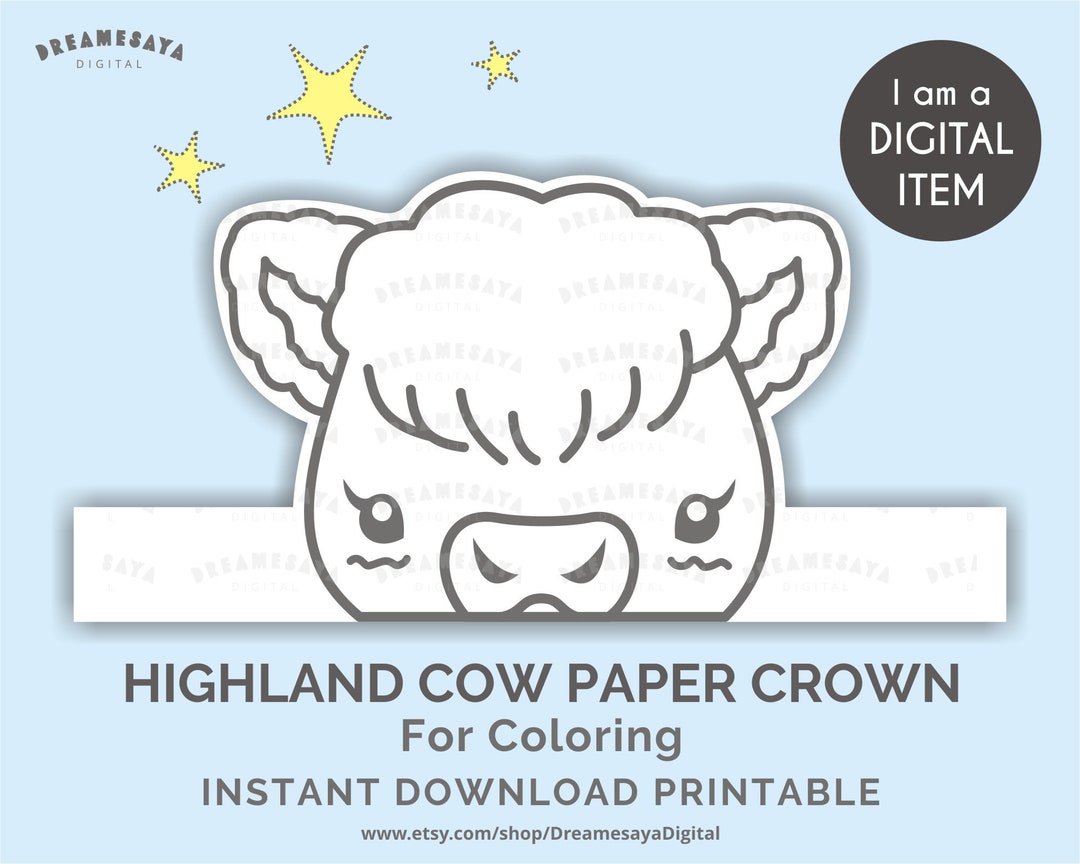 Highland Cow Party Hat for Coloring JPG PDF, Adorable Baby Cattle Fun ...