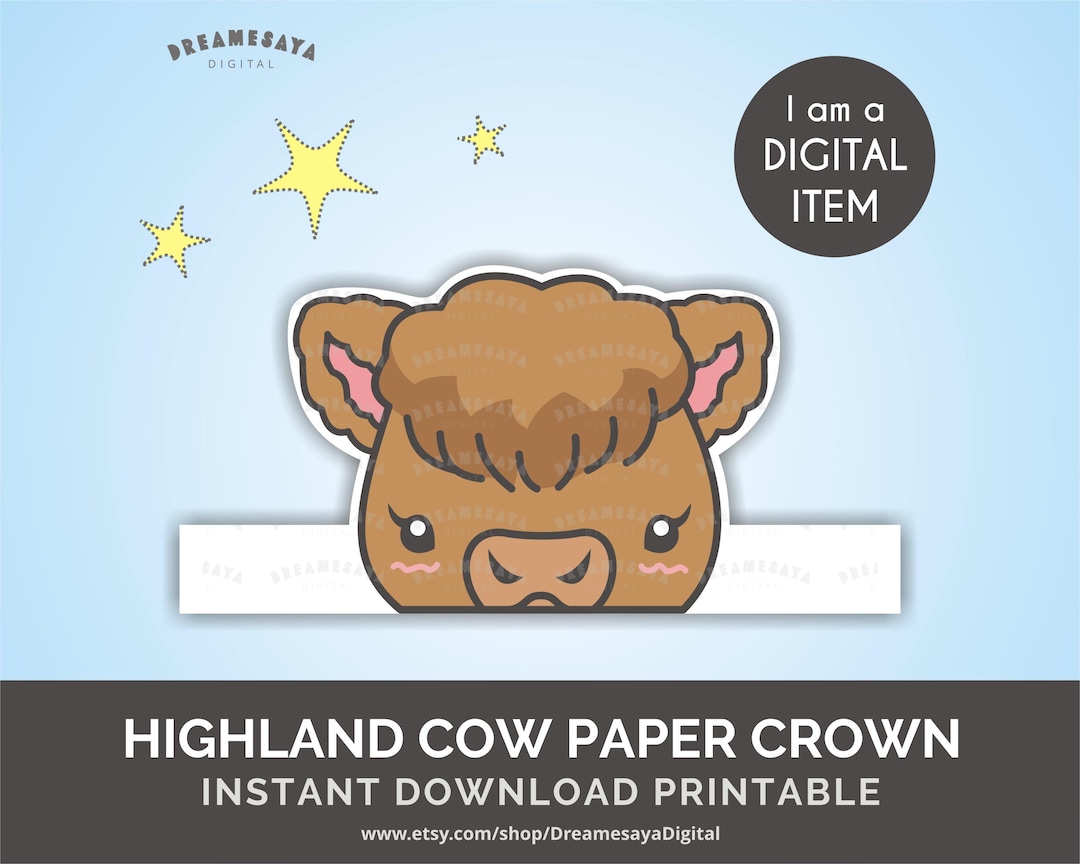 Highland Cow Paper Crown Printable Cute Animal Headpiece Party Supply ...