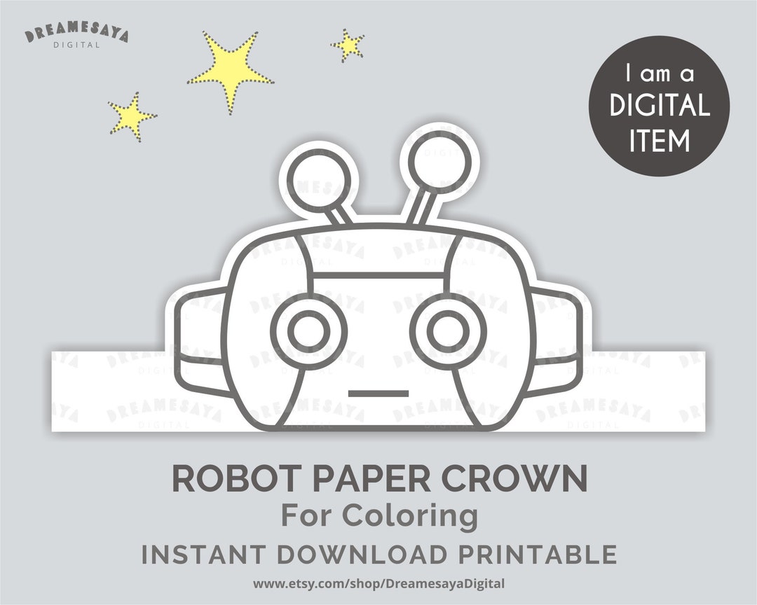 Robot Coloring Paper Hat Printable, Downloadable Robotic Head Black and ...