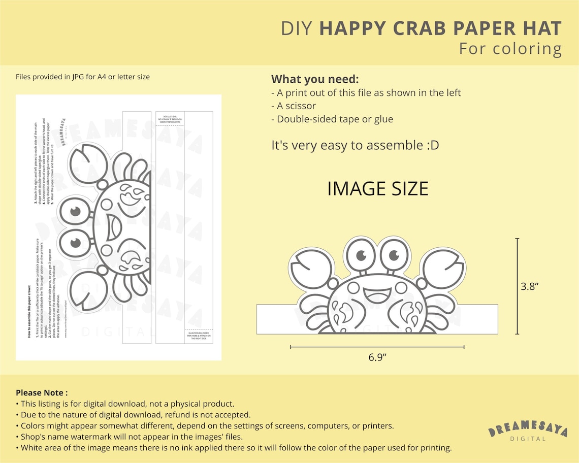 Crab Coloring JPG Printable Party Hat Sea Ocean Theme Paper Crown ...