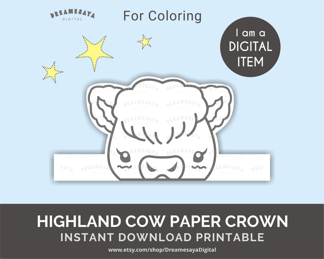 Highland Cow PDF Coloring Cute Printable Paper Crown Easy Craft JPG ...