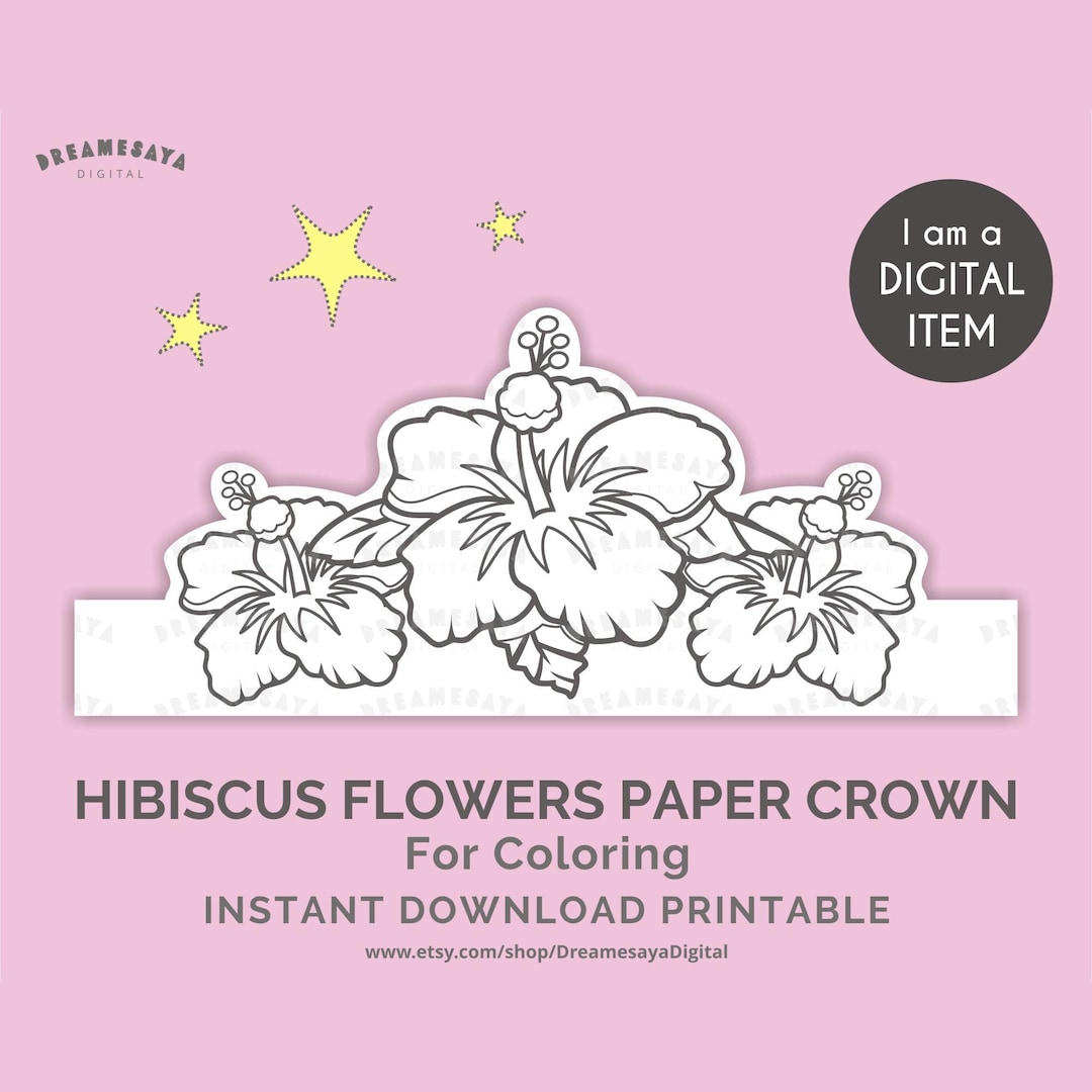 Hibiscus Coloring JPG Printable Hawaiian Flowers Paper Crown Craft Luau ...