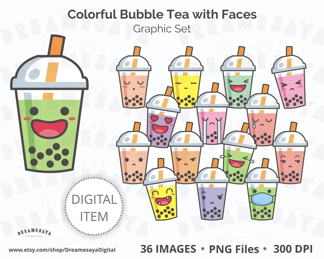 Bubble Tea Clip Art, Kawaii Boba in Various Flavor With Faces, Cute ...