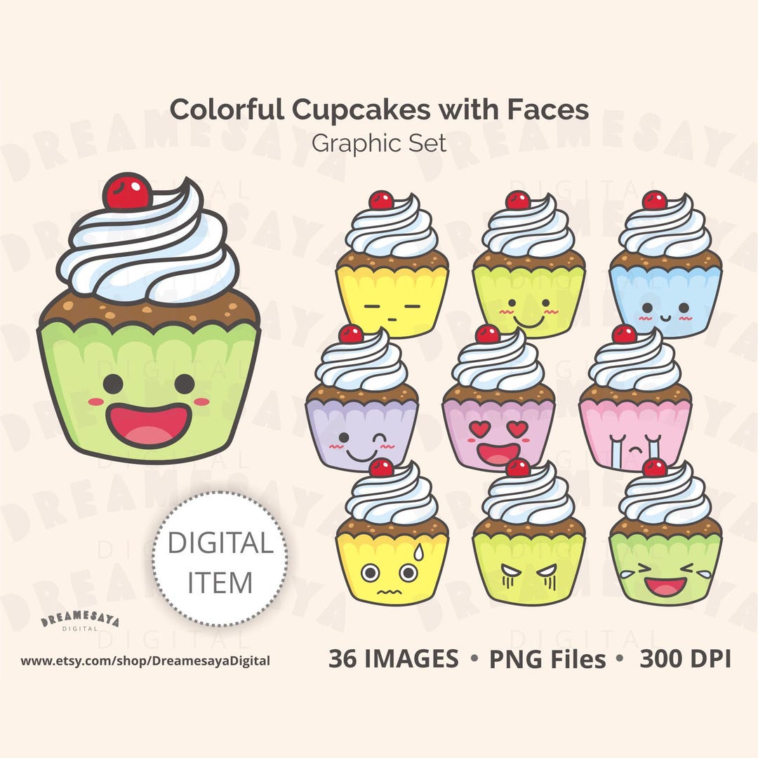 Kawaii Cupcake PNG Clip Art Set of Cute Colorful Sweet Food With Moods ...