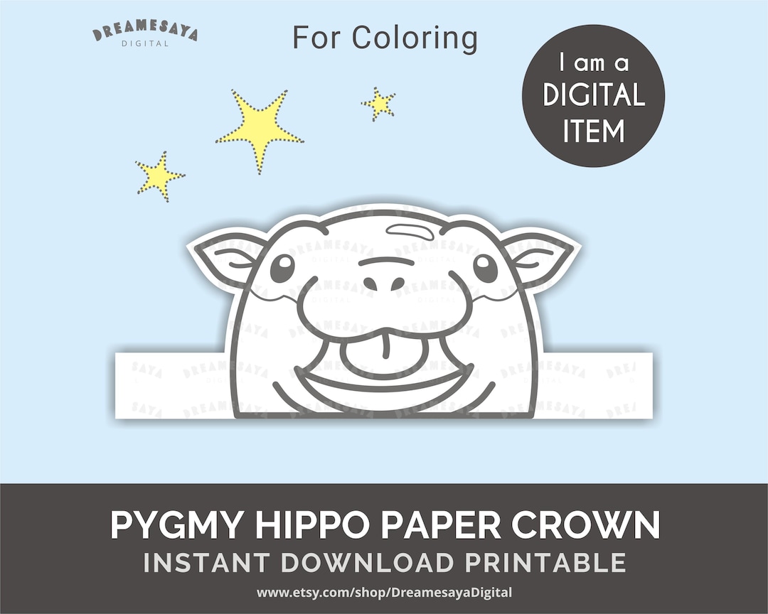 Cute Hippo Coloring JPG PDF Party Hat Pygmy Hippopotamus Face Outline ...