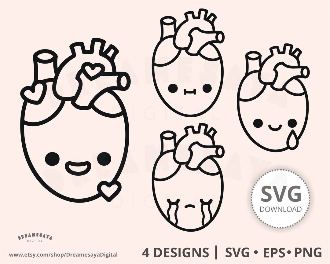 Human Heart SVG Outline, Super Cute Cartoon Anatomical Body Organ ...